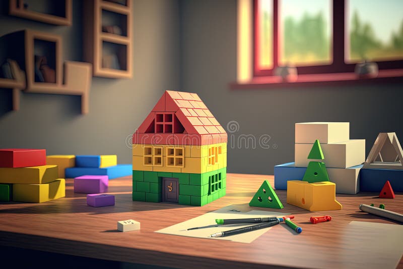 Construction Blocks and House on Desk in Classroom Stock Illustration ...