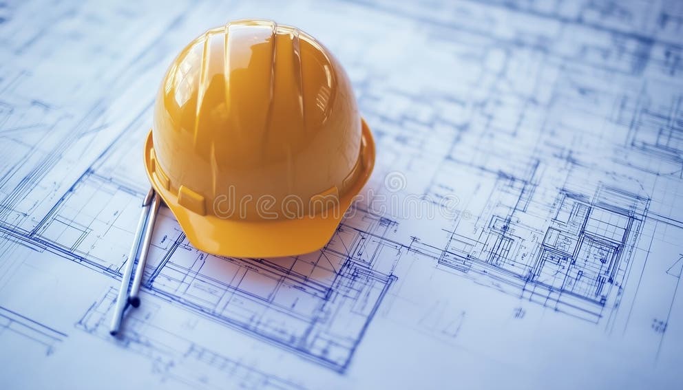 Construction Blueprint. Blueprint for Construction Work with Helmet and ...