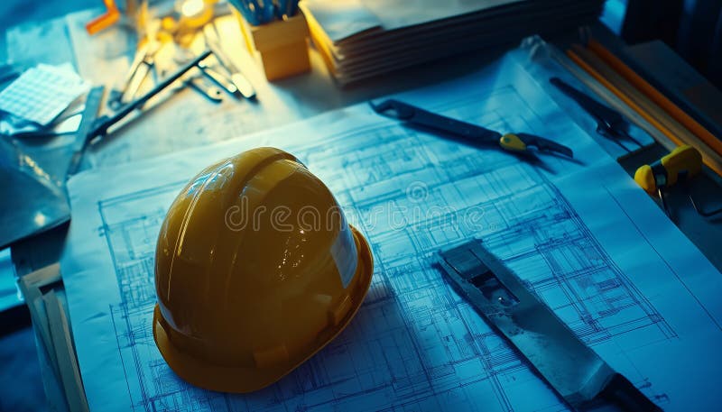 Construction Blueprint. Blueprint for Construction Work with Helmet and ...