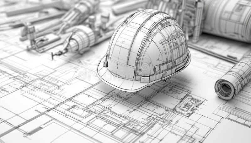 Construction Blueprint. Blueprint for Construction Work with Helmet and ...