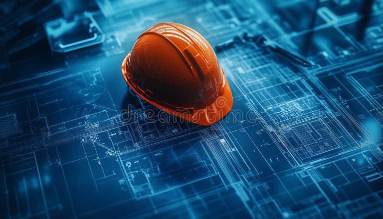 Construction Blueprint. Blueprint for Construction Work with Helmet and ...