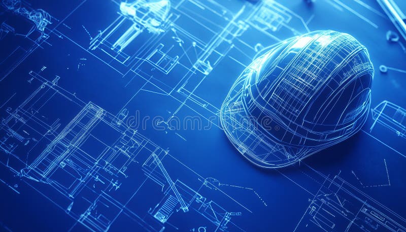 Construction Blueprint. Blueprint for Construction Work with Helmet and ...