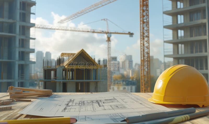 Construction Blueprint and Hard Hat Amidst Urban Skyline and Cranes ...