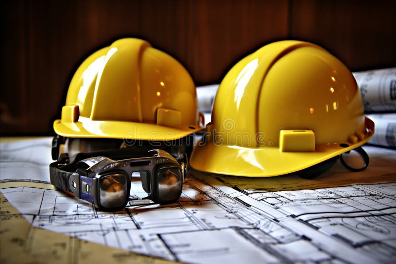 Construction Blueprint and Helmet with Tools for Building Work and Architecture Planning Stock ...