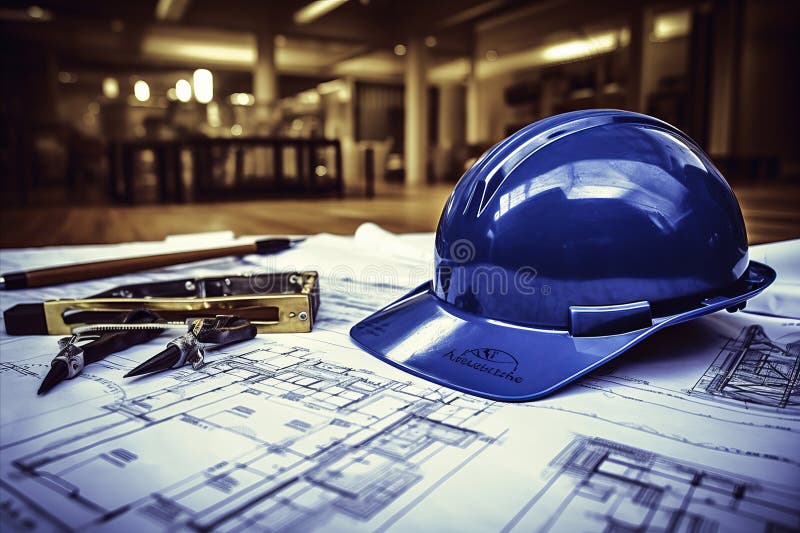 Construction Blueprint with Helmet and Tools for Building Work and ...
