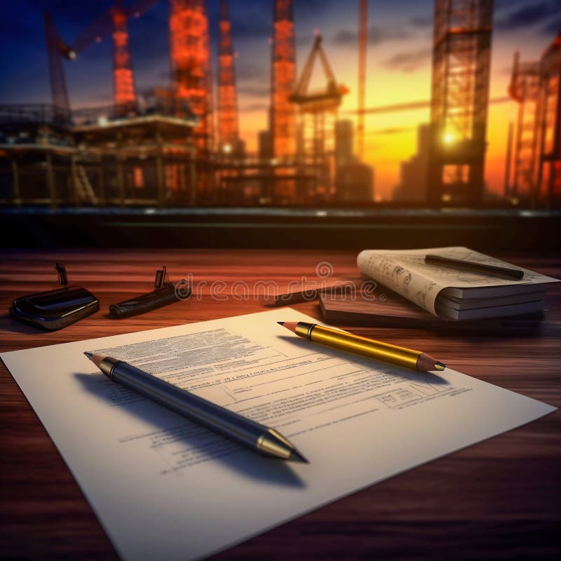 Construction Blueprint and Pen on Table with Building Under ...