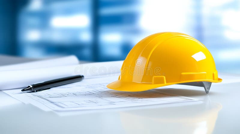 Construction Blueprint Review Hard Hat Pen and Detailed Plan for ...