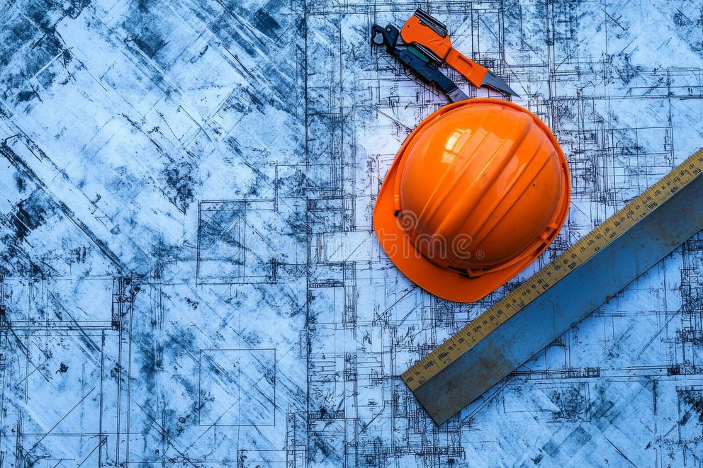 Construction Blueprint with Safety Helmet and Tools for Effective Project Planning and Execution ...