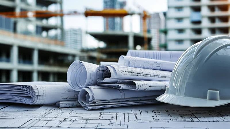 Construction Blueprint Stack with Safety Helmet Against Backdrop of ...