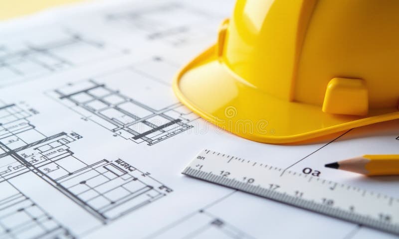 Construction Blueprint Yellow Hard Hat Architectural Plans Pencil Stock ...