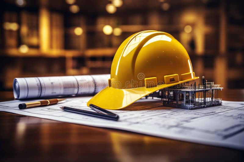 Construction Blueprints, Drawing Tools, and a Yellow Helmet Symbolize ...