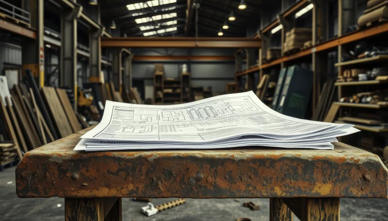 Construction Blueprints on Dusty Workbench in Industrial Warehouse ...