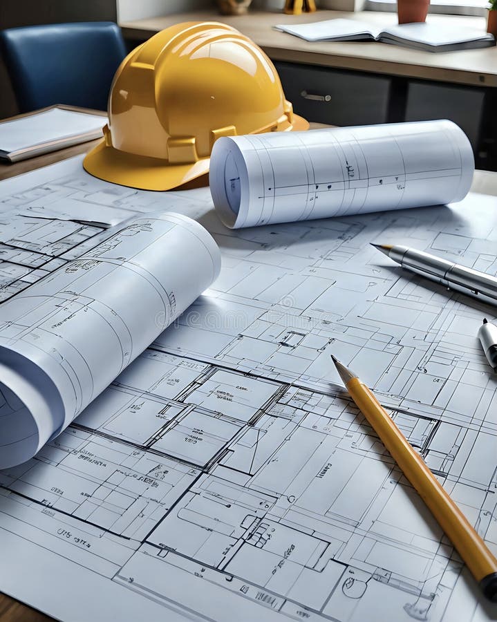 Construction Blueprints and Hard Hat on Planning Table of Builders Site ...