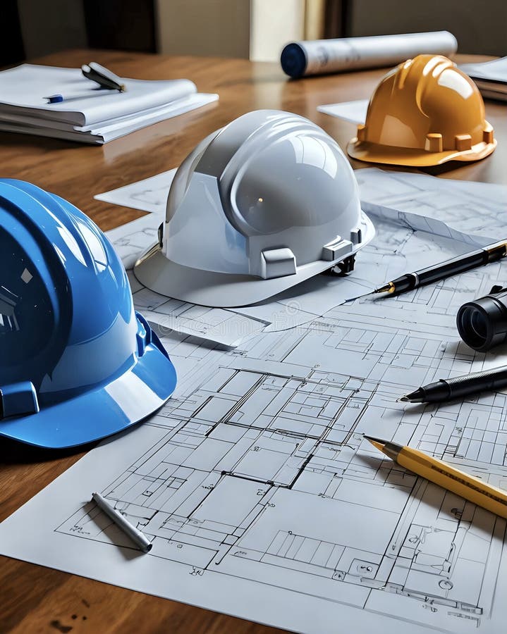 Construction Blueprints and Hard Hat on Planning Table of Builders Site ...