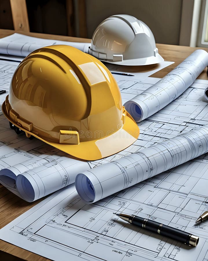 Construction Blueprints and Hard Hat on Planning Table of Builders Site ...