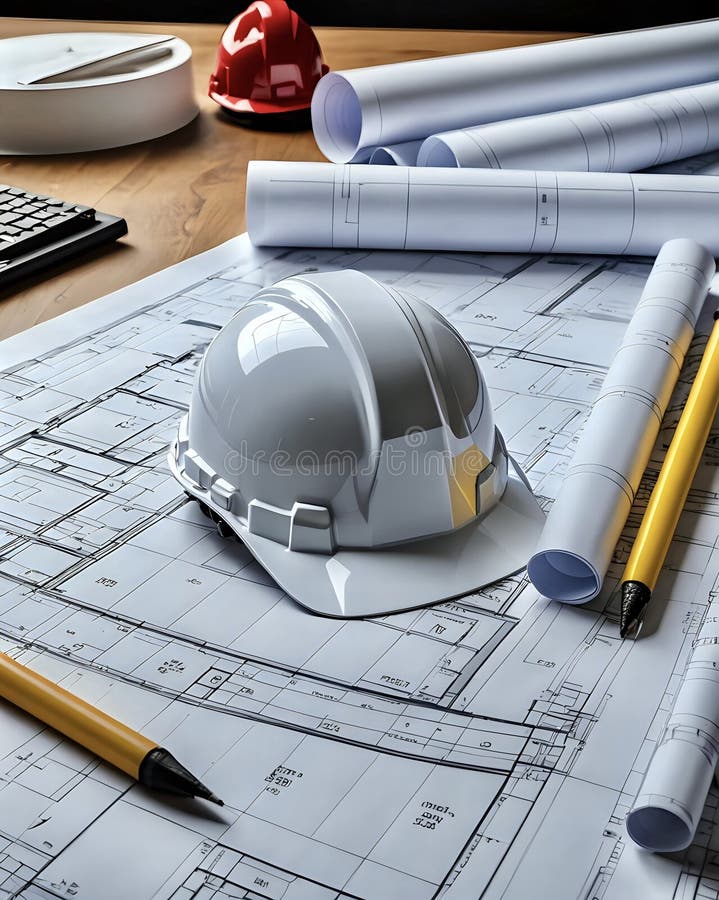 Construction Blueprints and Hard Hat on Planning Table of Builders Site ...