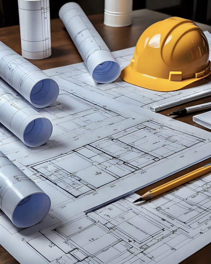 Construction Blueprints and Hard Hat on Planning Table of Builders Site ...