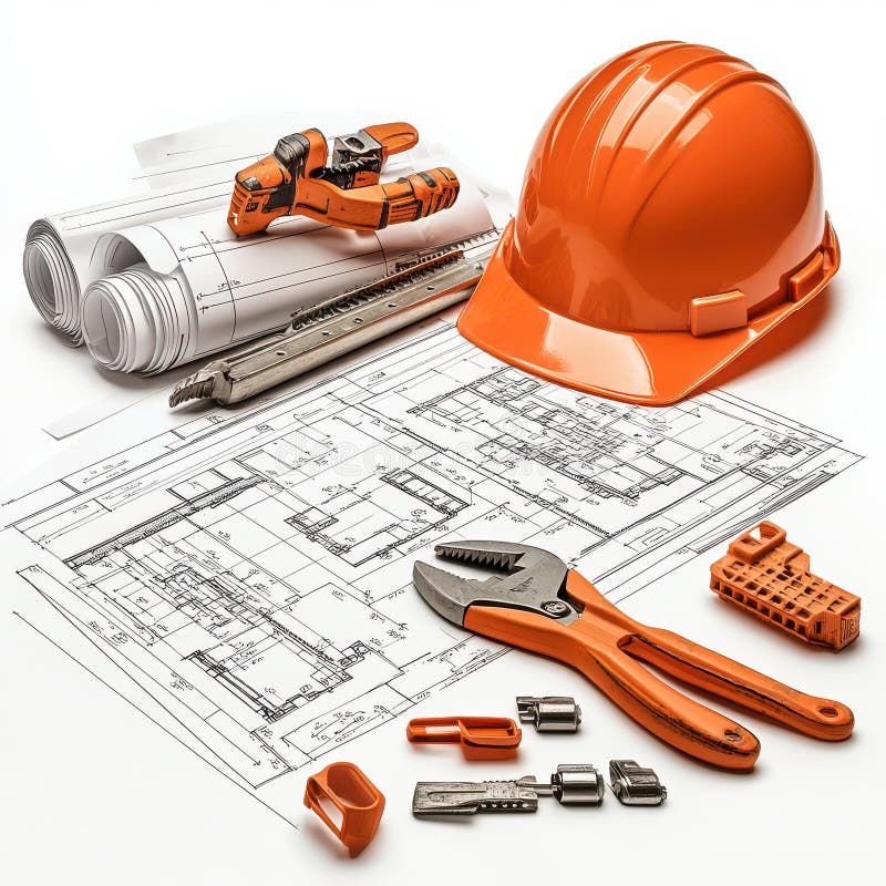 Construction Blueprints Tools and Safety Helmet Stock Illustration - Illustration of occupation ...