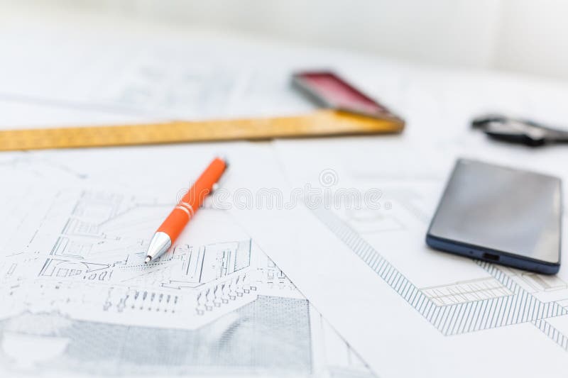 Construction Blueprints with Tools and Tablet, Top View Stock Image ...