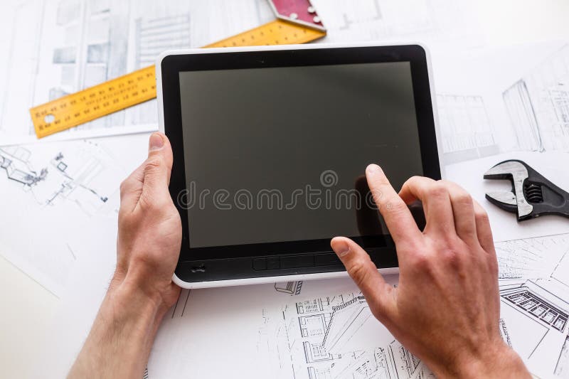 Construction Blueprints with Tools and Tablet, Top View Stock Photo ...