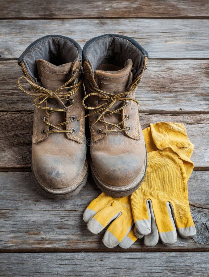 Construction Boots and Gloves Placed on Wooden Surface Showing ...