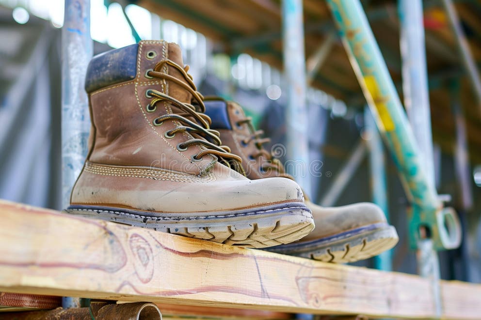 Construction Boots on a Scaffold Plank Stock Image - Image of shoes ...