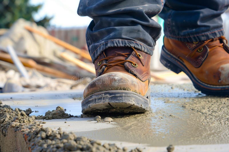Construction Boots Stepping on a New Concrete Surface Stock Image ...