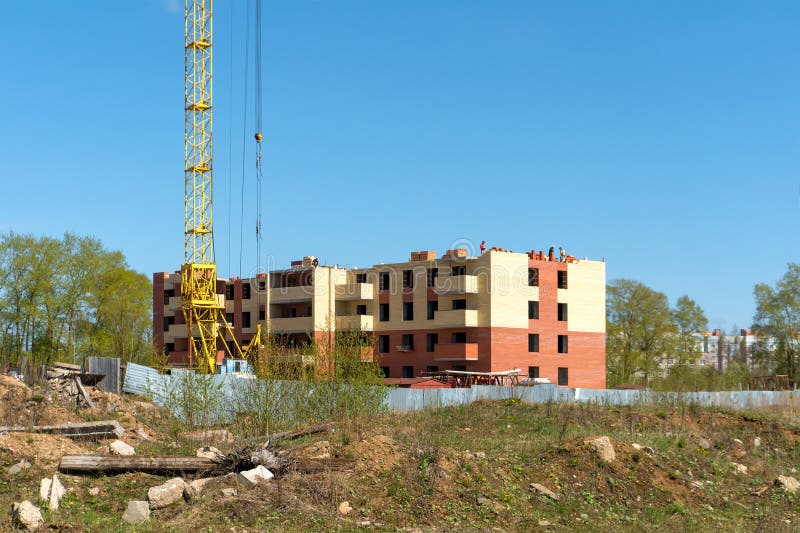 Construction of a Brick High-Rise Building Stock Image - Image of blue ...