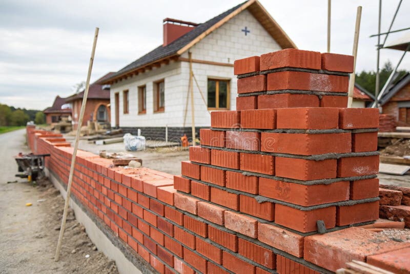Brick House Wall Construction with Stack of Red Bricks Stock ...