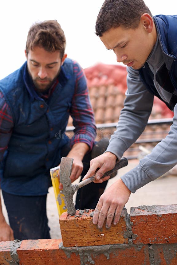Construction, Bricklayer and Men with Tools for Building a Brick Wall ...
