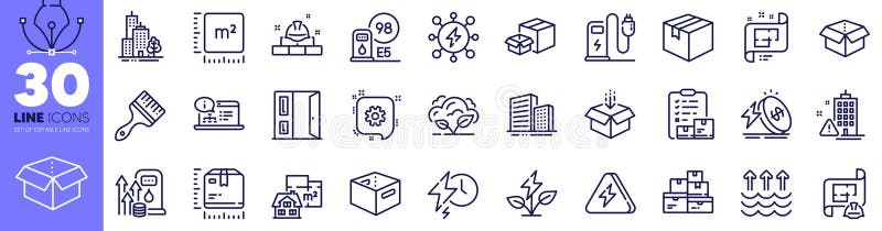 Construction Bricks, Eco Power and Skyscraper Buildings Line Icons Pack ...