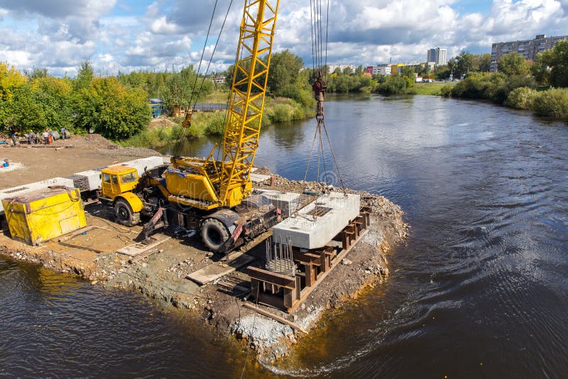 Construction of Bridge Across the River Stock Photo - Image of russia ...