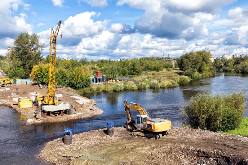 Construction of a Bridge Across the River Stock Image - Image of ...