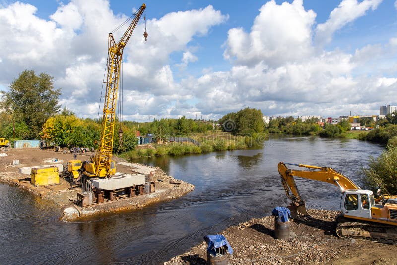Construction of Bridge Across the River Stock Image - Image of beam ...