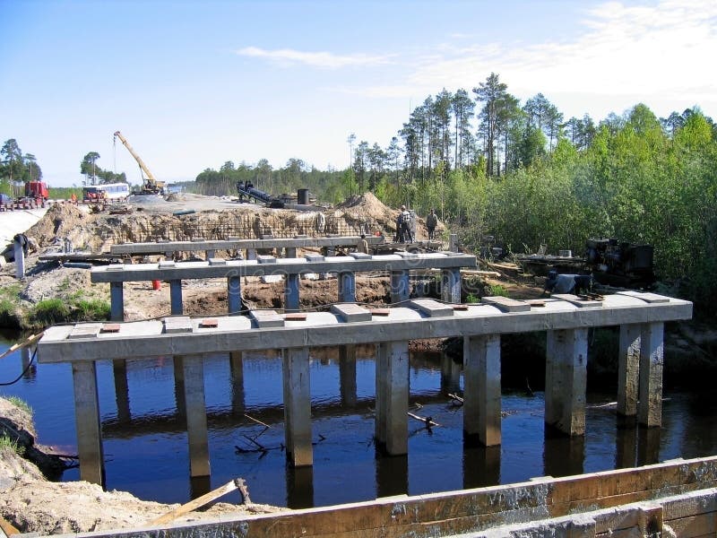 Construction of a Bridge Across the River Stock Image - Image of ...