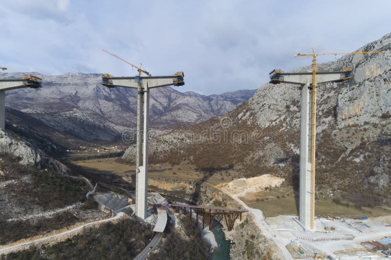 Construction Of Bridge Of A New Highway Through The Moraca Canyon In ...