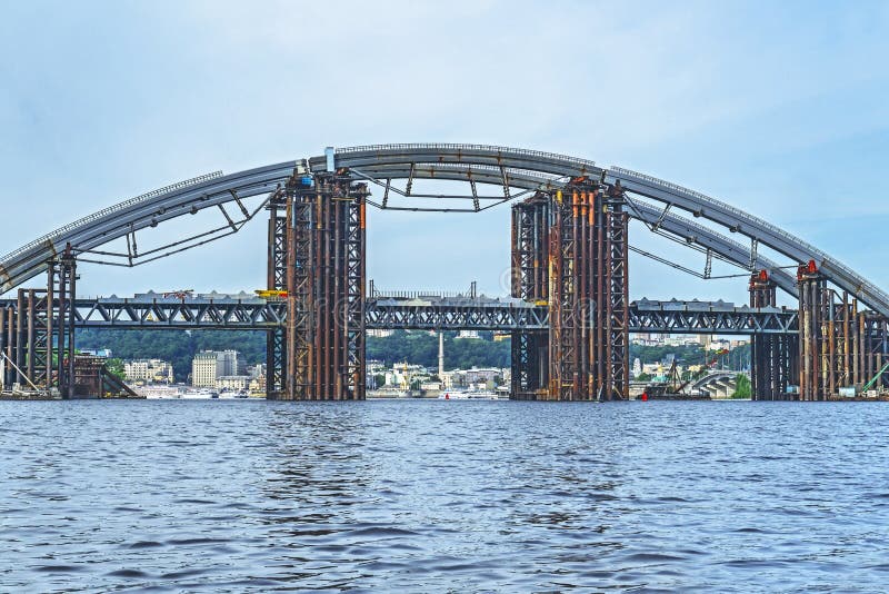 Construction of a Bridge Over the River. Temporary Construct Stock ...