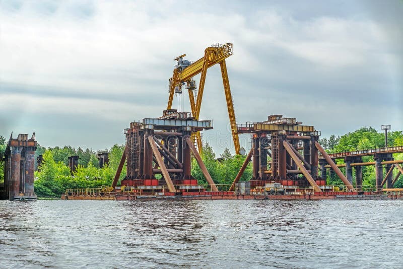 Construction of a Bridge Over the River. Temporary Construct Stock ...