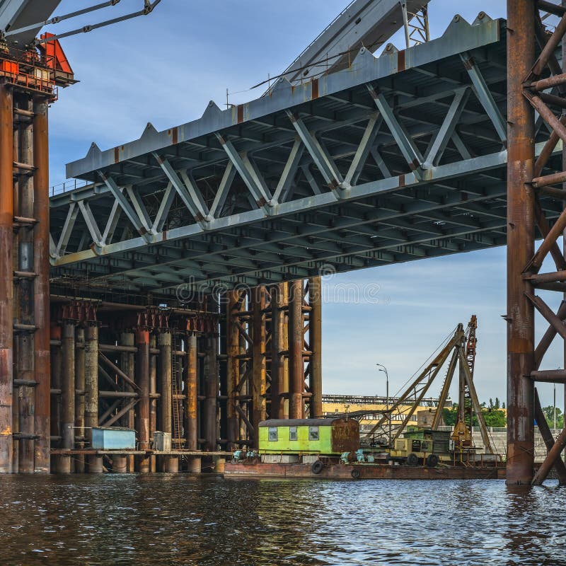 Construction of a Bridge Over the River. Temporary Construct Stock ...