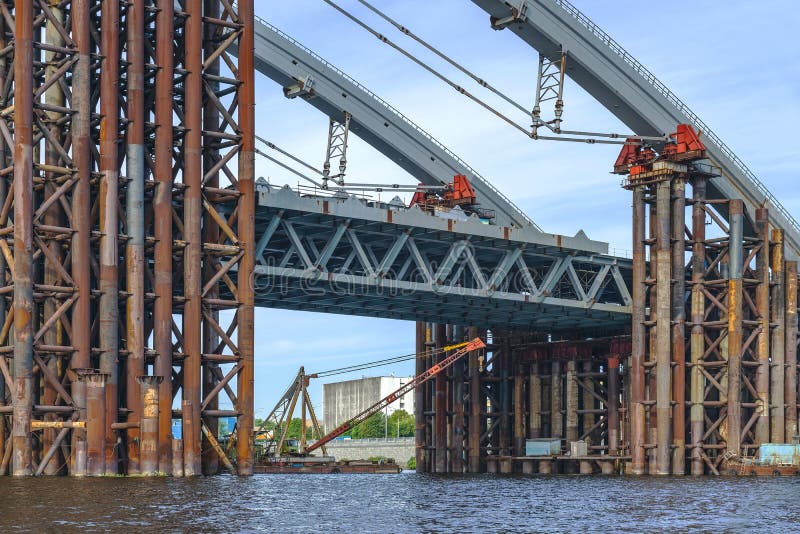 Construction of a Bridge Over the River. Temporary Construct Stock ...