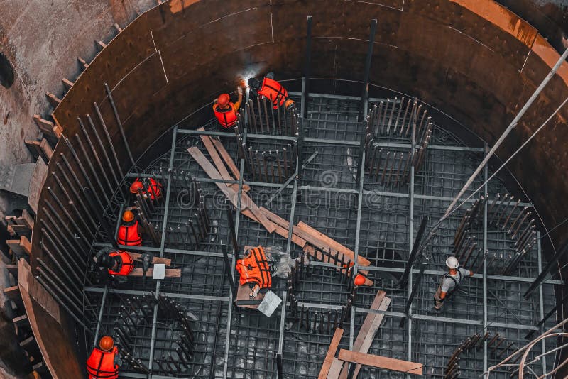 Construction Bridge Support Excavation Workers Bottom View Above Stock ...