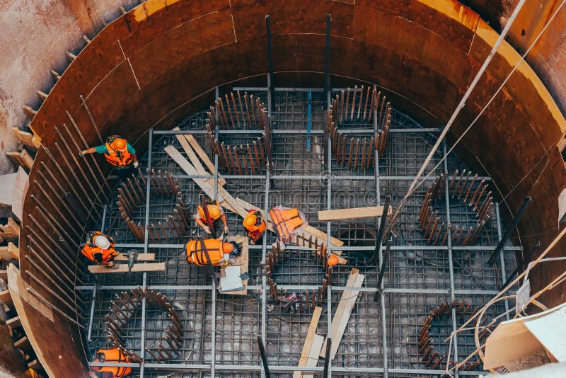 Construction of a Bridge Support in the Excavation. Workers at the ...