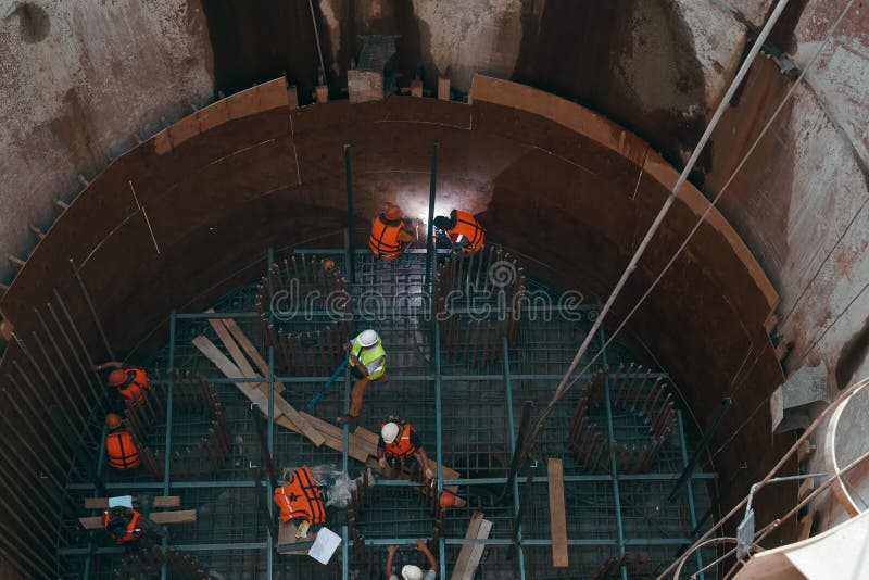 Construction of a Bridge Support in the Excavation. Workers at the ...