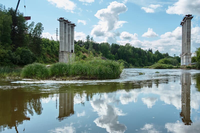 Construction of Overpass Across the River. Summer Day Stock Image ...