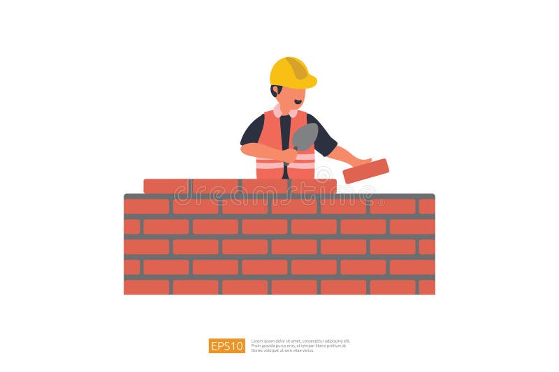 Construction Builder Man Character is Building a Brick Wall. Vector ...