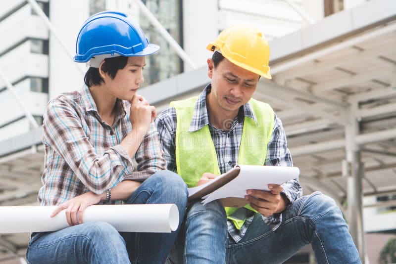 Construction Builder Teamwork Work Concept. Top View of Engineer and ...