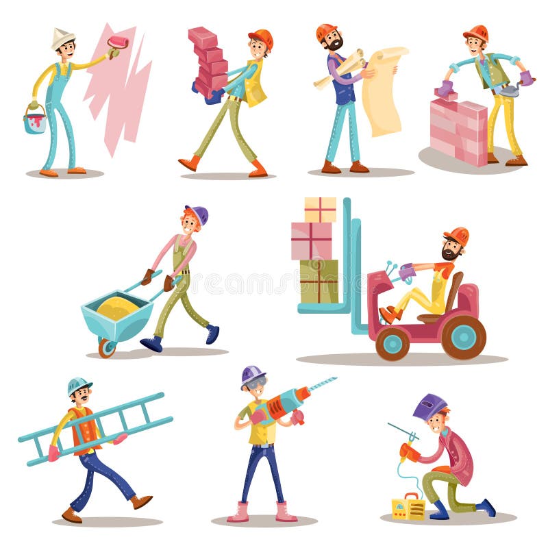Construction Builders or Workers Men Vector Cartoon Funny Building ...