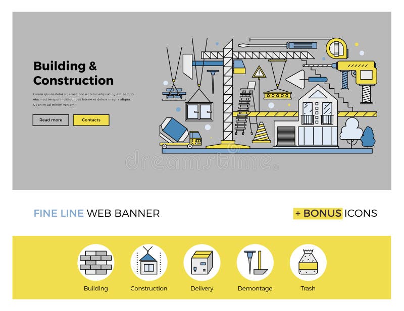 Construction Building Flat Line Banner Stock Vector - Illustration of ...