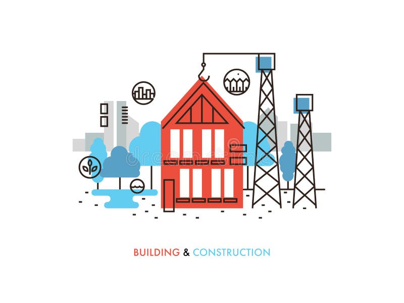 Construction Building Flat Line Illustration Stock Vector ...