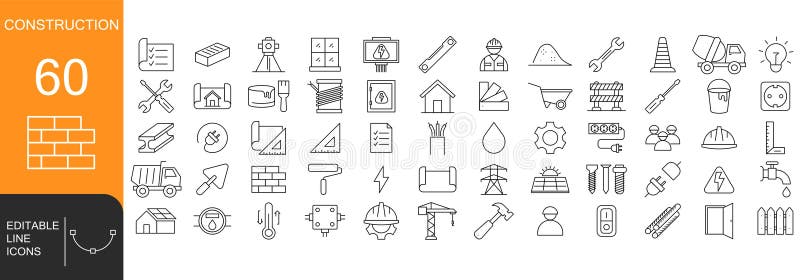 Construction and Building Line Icon Set – 60 Vector Outline Icons Stock ...